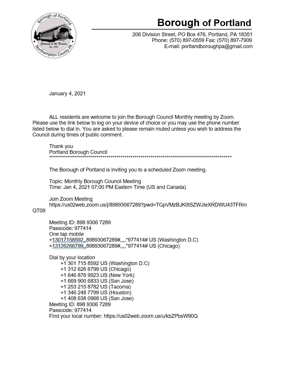 Portland Council Meeting January 4, 2021 – Borough of Portland